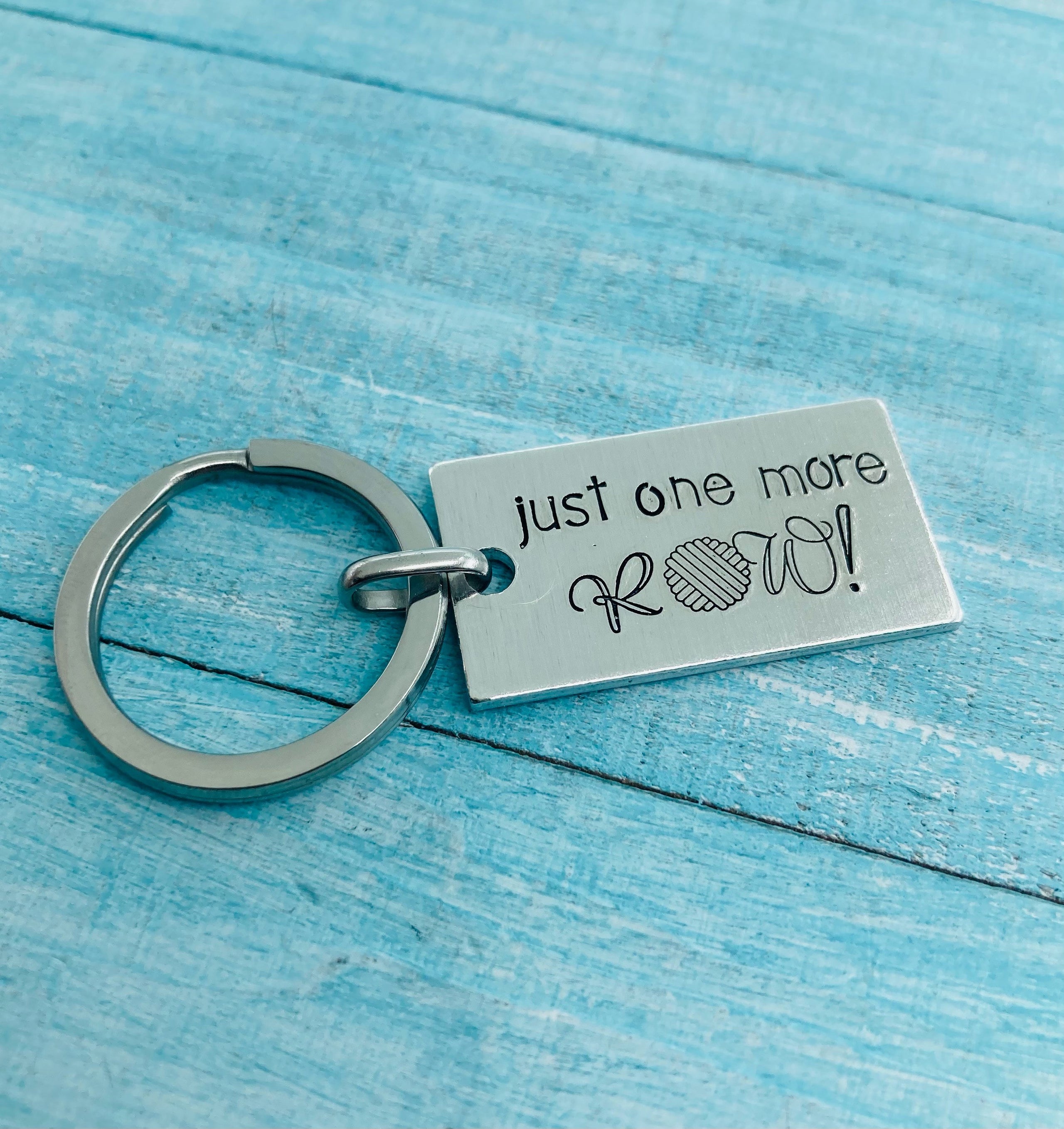 Just One More Row Keychain | Dragonfly and Wolf Hand Stamped Designs